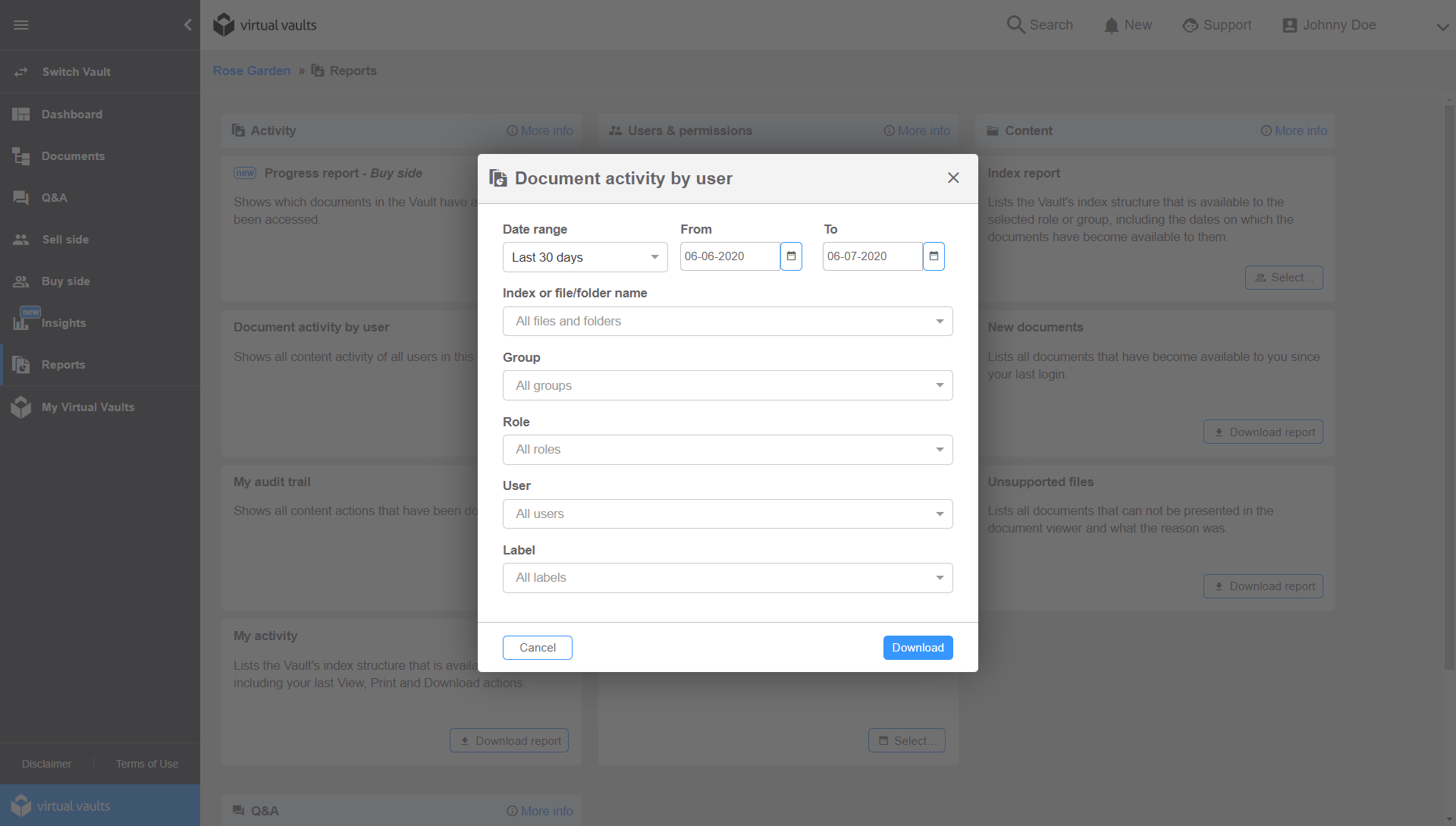 Document activity by user report – Virtual Vaults Help Center